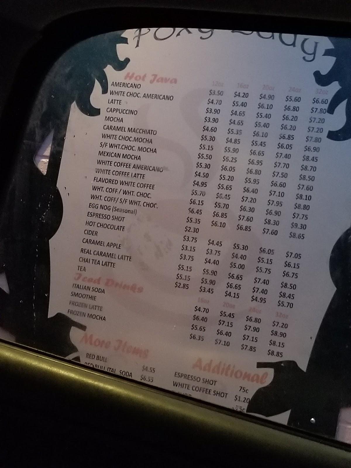 Menu at Foxy Lady Cafe, Olympia