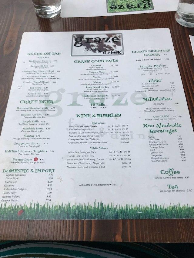 Menu at Graze Food & Drink pub & bar, Canmore