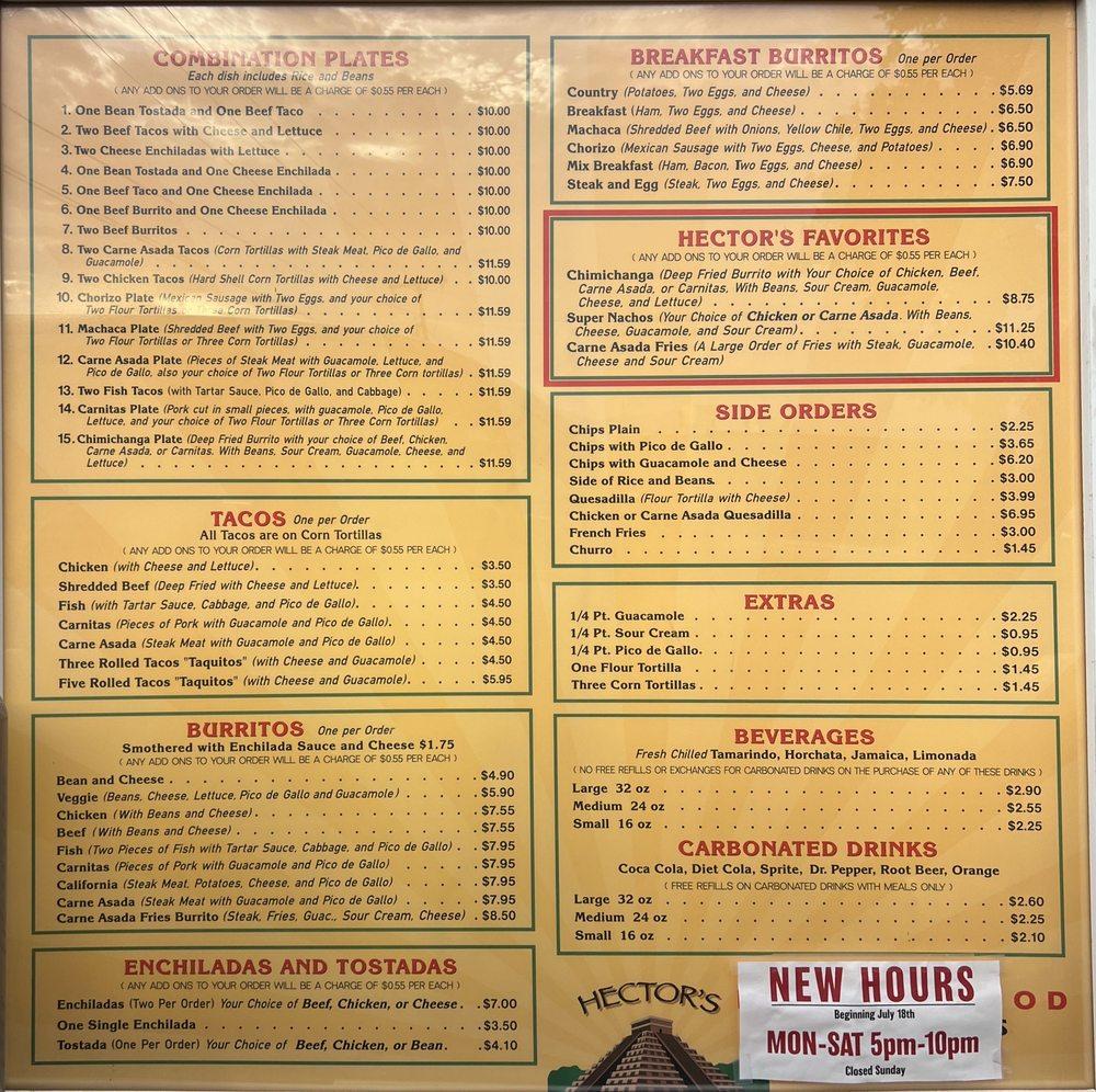 Menu at Hector's Mexican Food restaurant, Salt Lake City