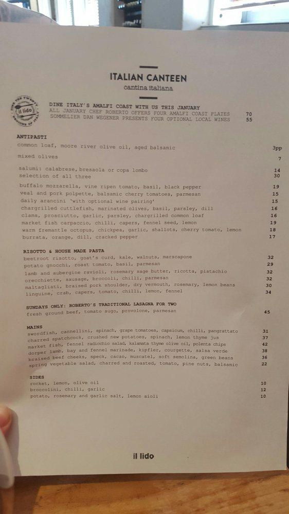 Menu at Il Lido Italian Canteen restaurant, Cottesloe