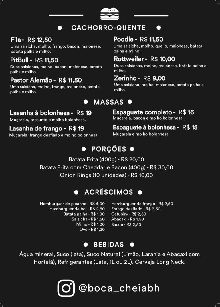 Carta de pizzería Boca Cheia, Belo Horizonte