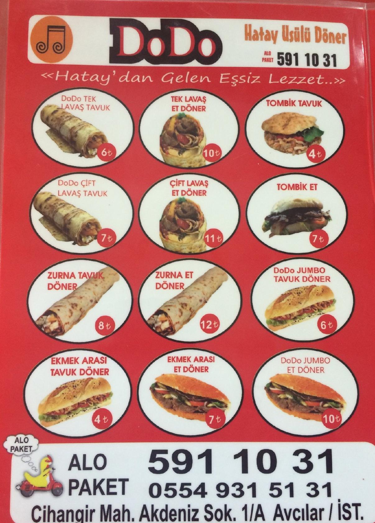 Menu at DoDo Döner, Istanbul
