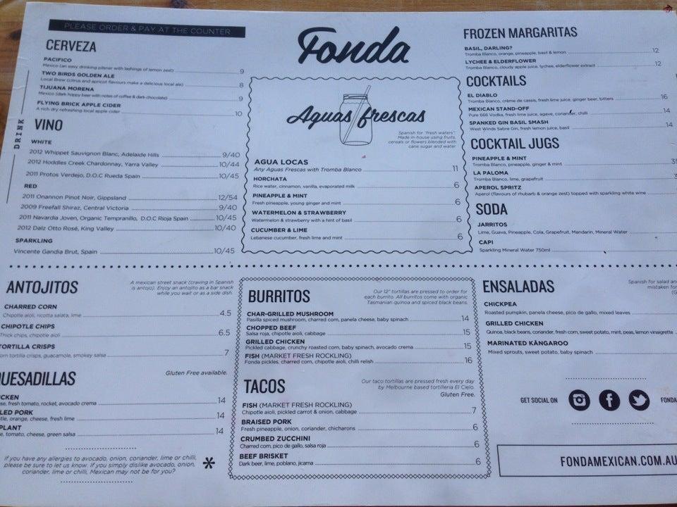 Menu at Fonda Mexican Windsor restaurant, Windsor, 144 Chapel St