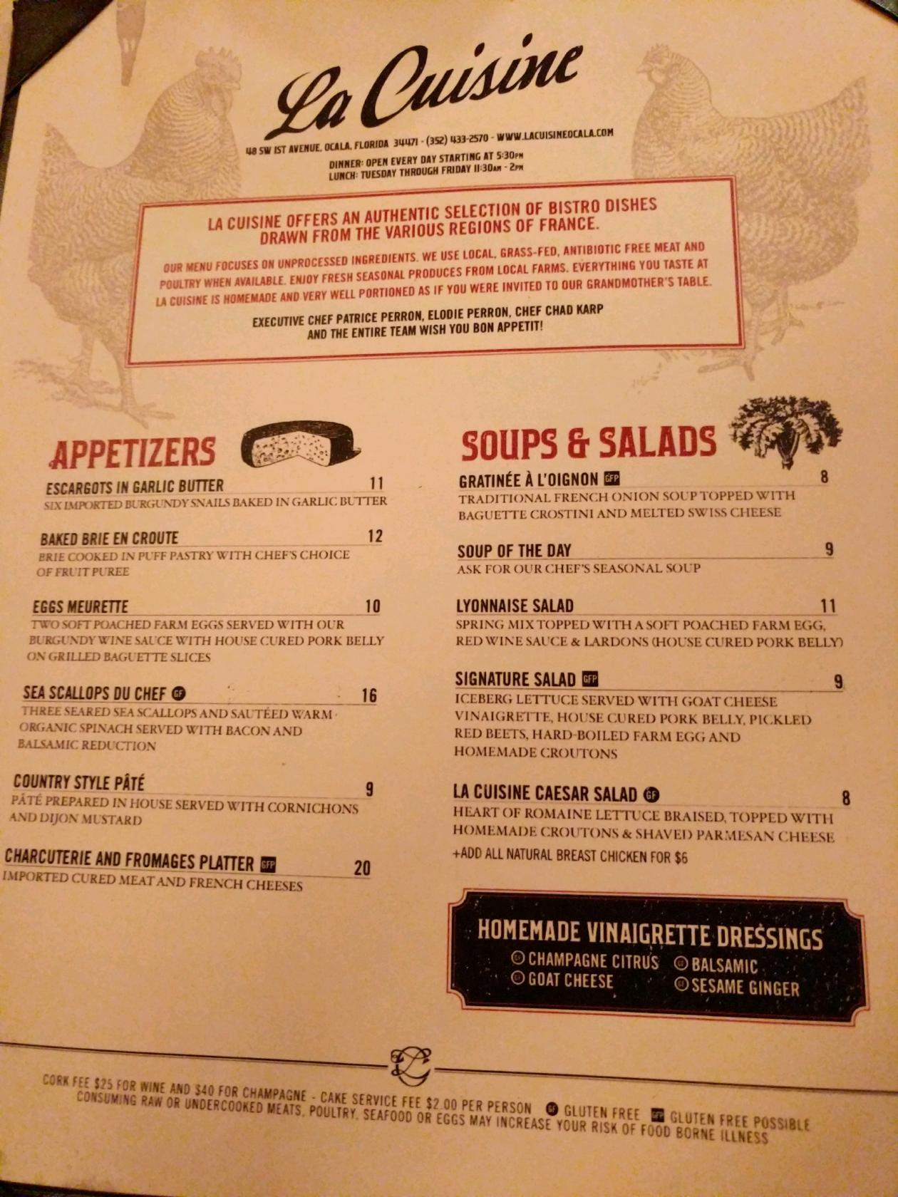Menu at La Cuisine Restaurant, Ocala