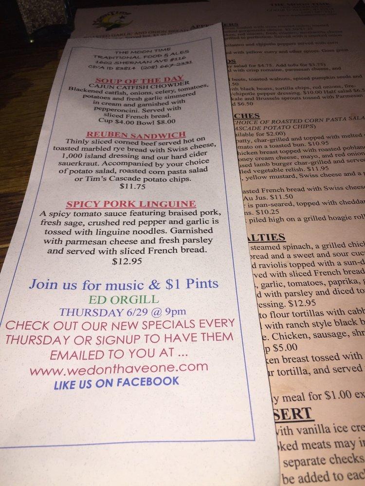 Menu at Moon Time restaurant, Coeur d'Alene