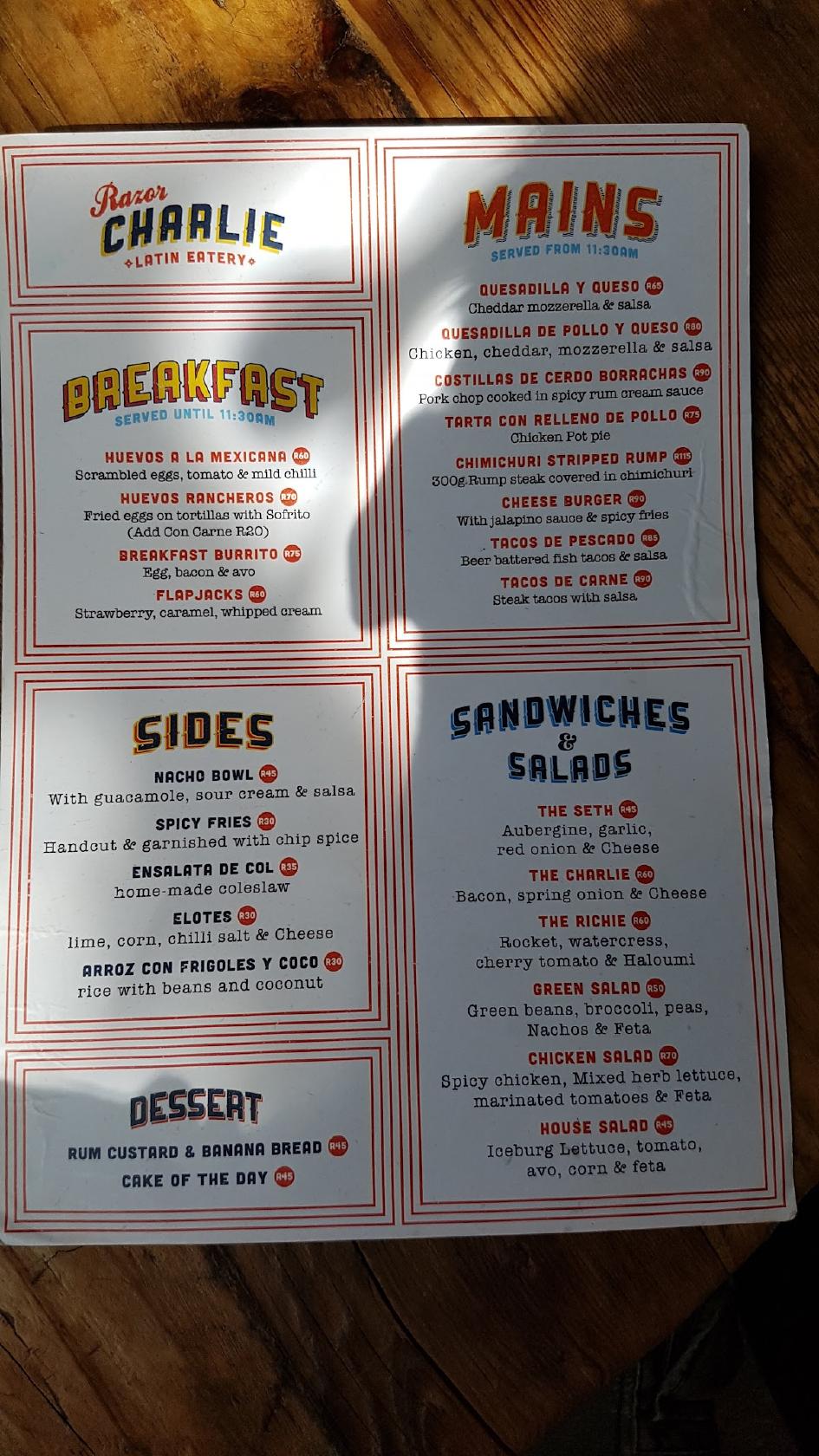 Menu at Razor Charlie restaurant, Johannesburg, 6 Desmond Street
