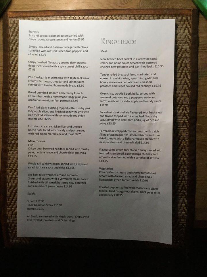 Menu at The King's Head pub & bar, Mablethorpe and Sutton, Mill Rd