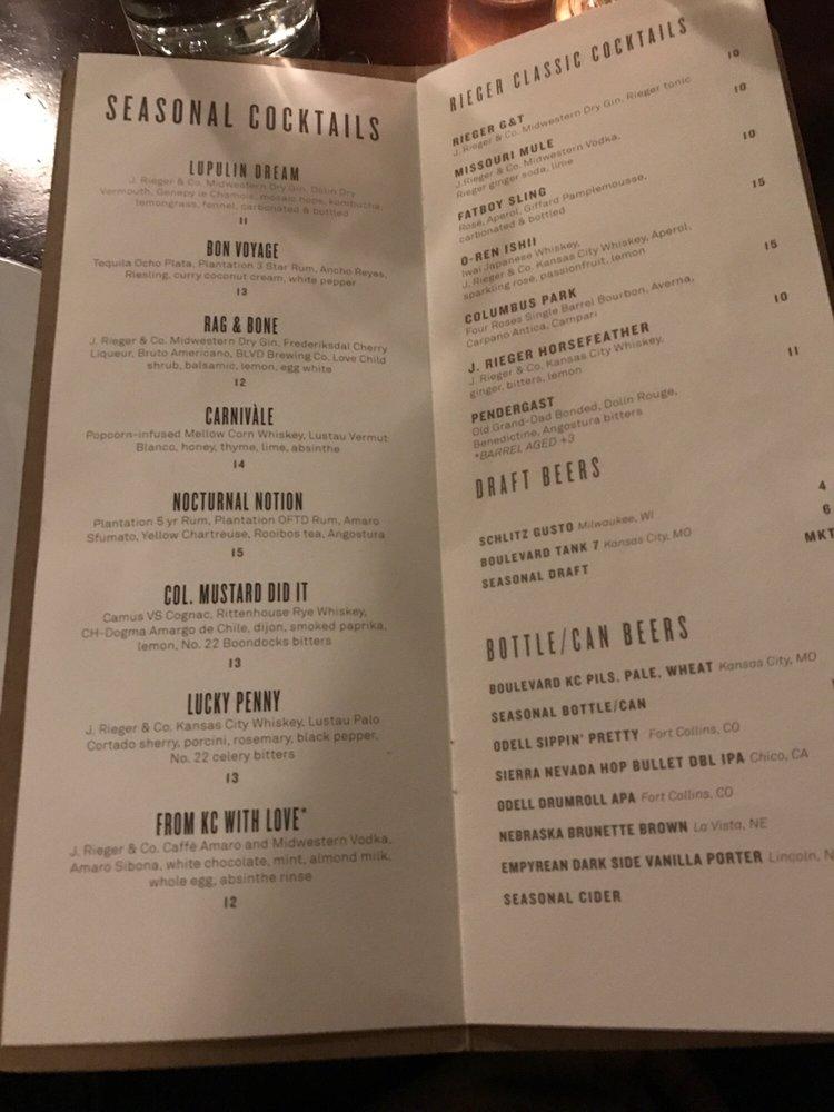Menu at The Rieger pub & bar, Kansas City