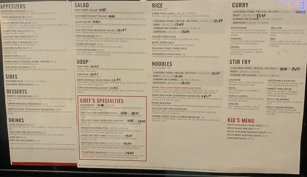 Menu at Tuk Tuk Thai restaurant, Overland Park