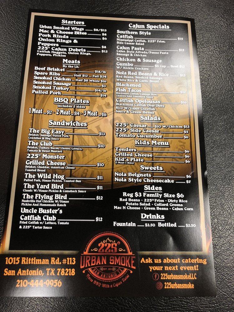 Menu at 225° Urban Smoke BBQ, San Antonio