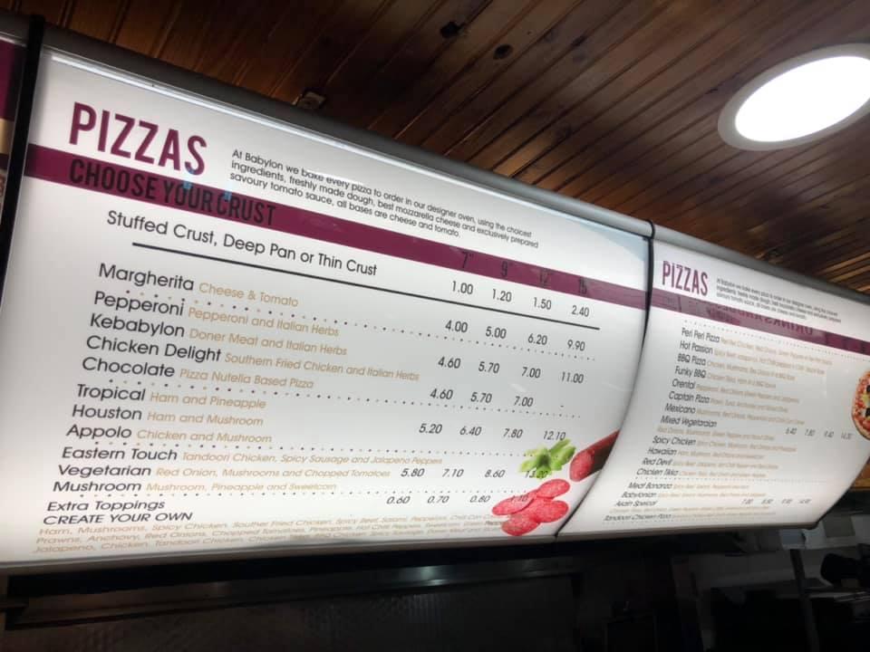 Menu at Babylon pizzeria, Crewe