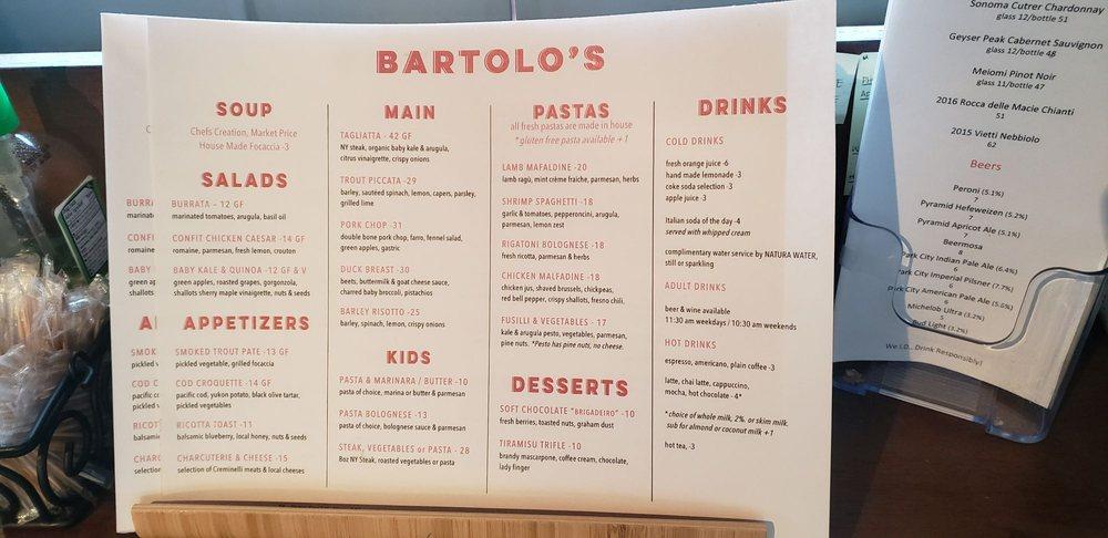 Menu at Bartolo's Park City, Park City