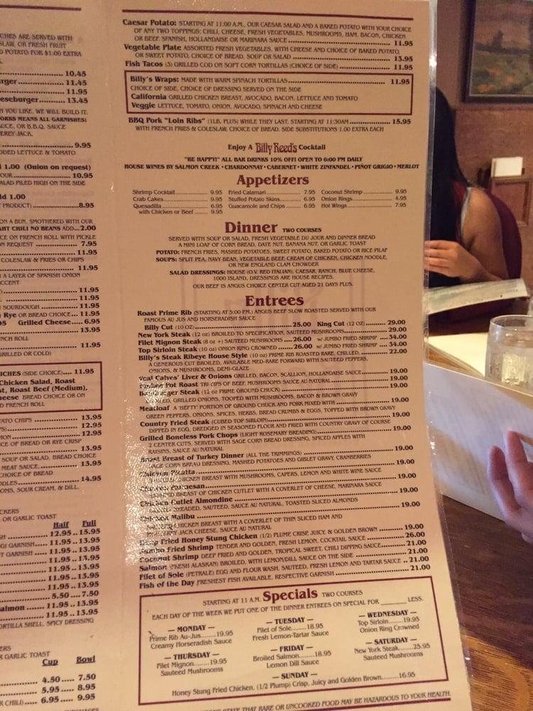 Menu at Billy Reed's Palm Springs restaurant, Palm Springs