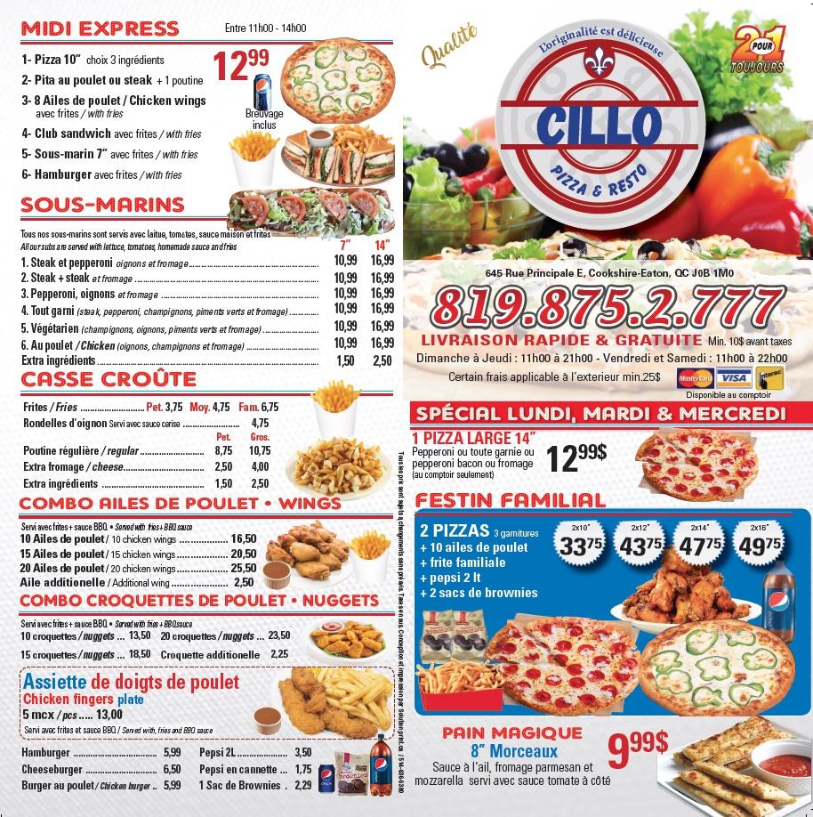 Menu au Cillo Pizza restaurant, Cookshire-Eaton