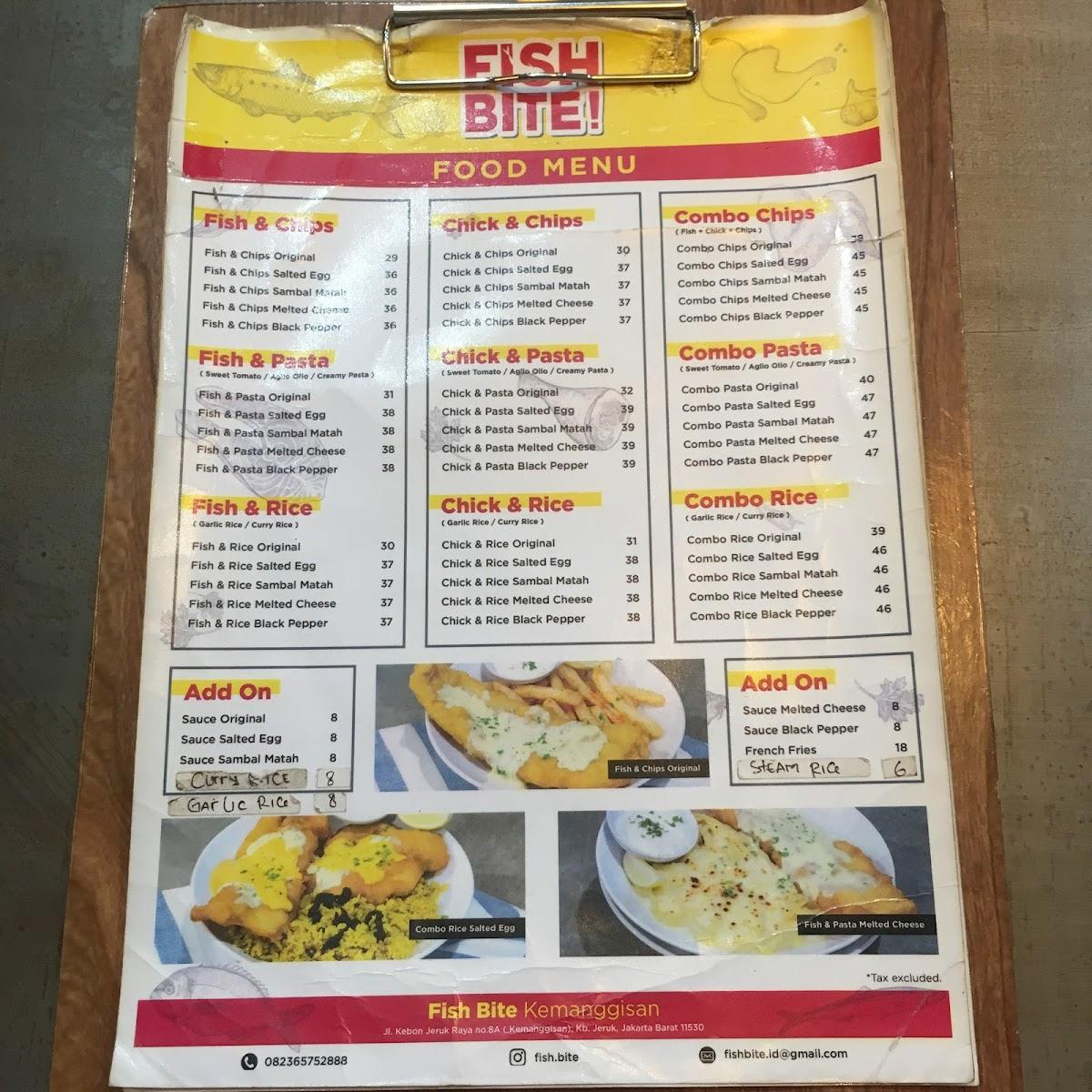 Menu at Fish Bite Kemanggisan restaurant, Jakarta, Jl. Keluarga No.36