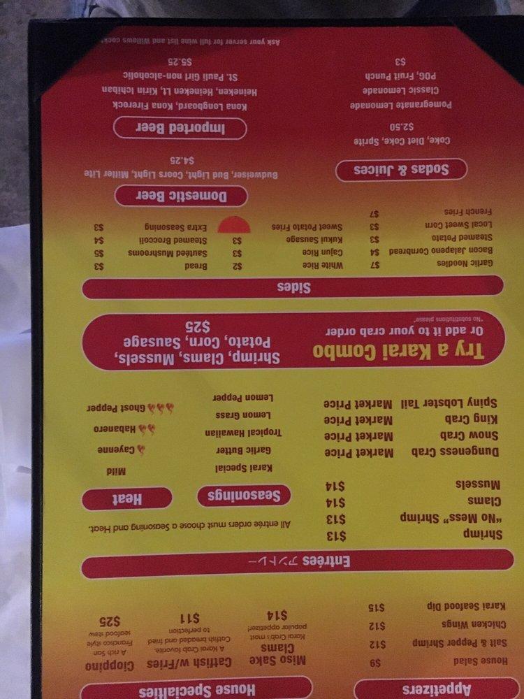 Menu at Karai Crab restaurant, Honolulu, S King St STE G2