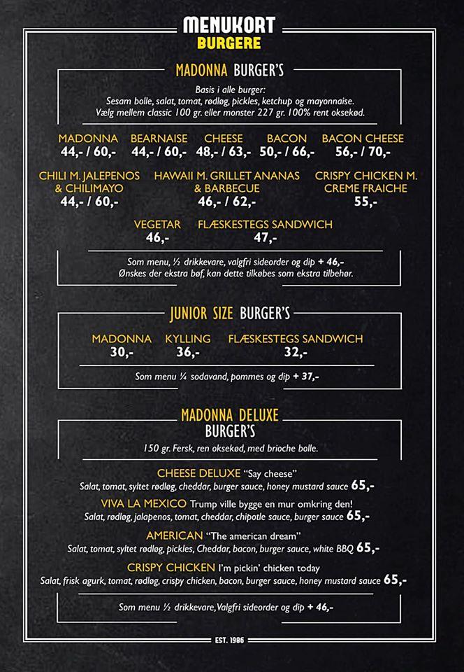 Menu at Madonna restaurant, Helsingør