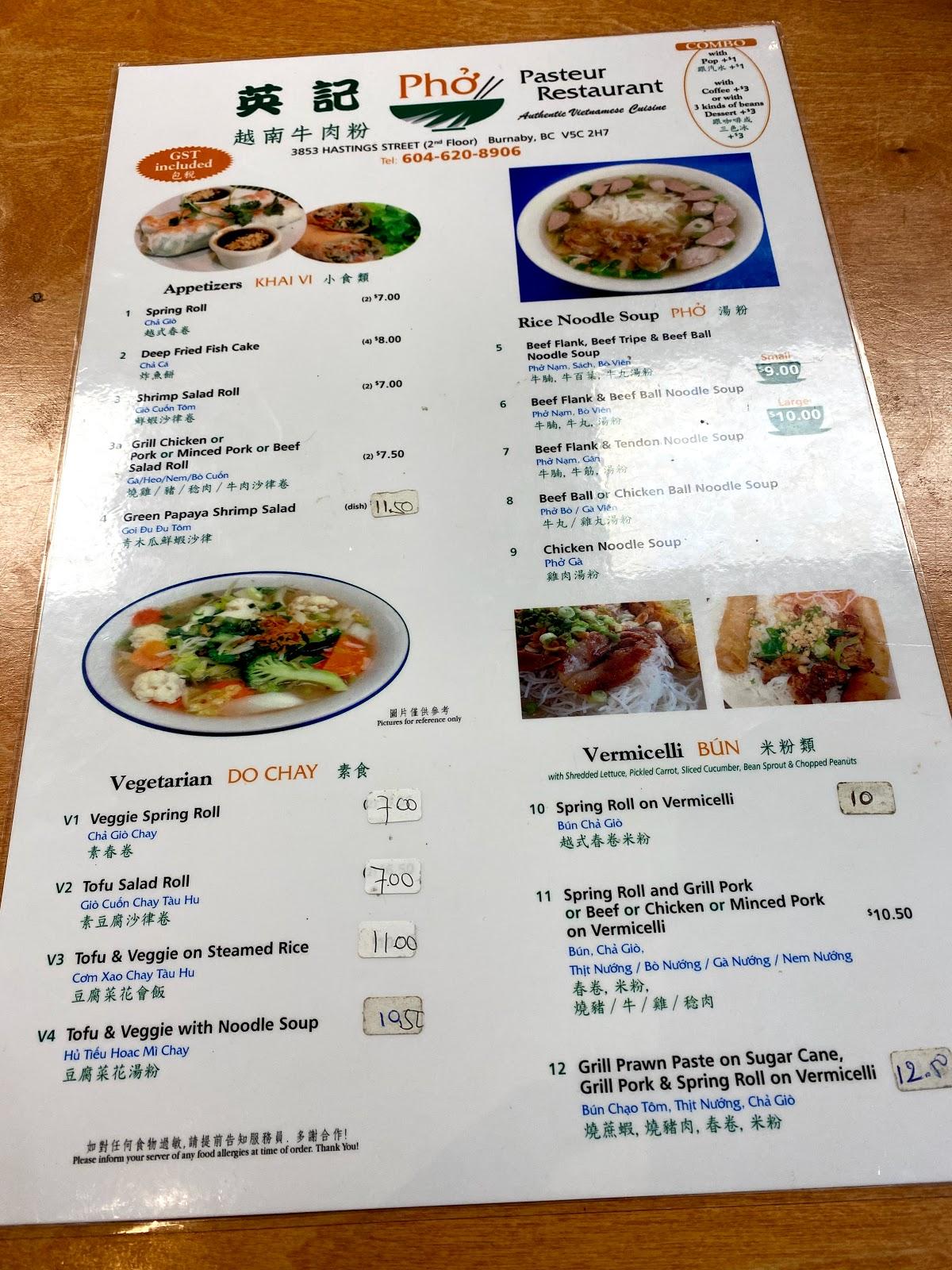 Menu at Phở Pasteur Restaurant, Burnaby