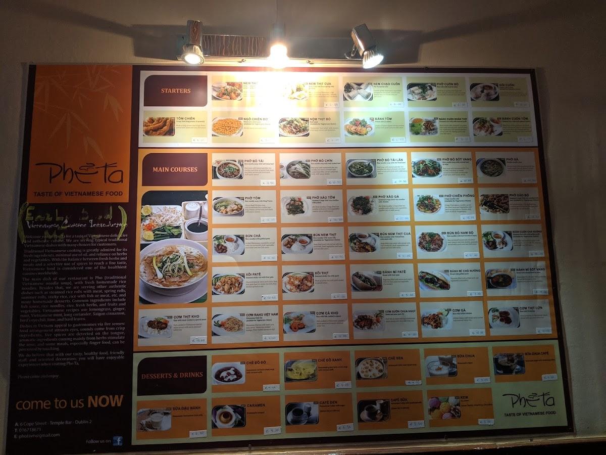 Menu at Pho Ta restaurant, Dublin