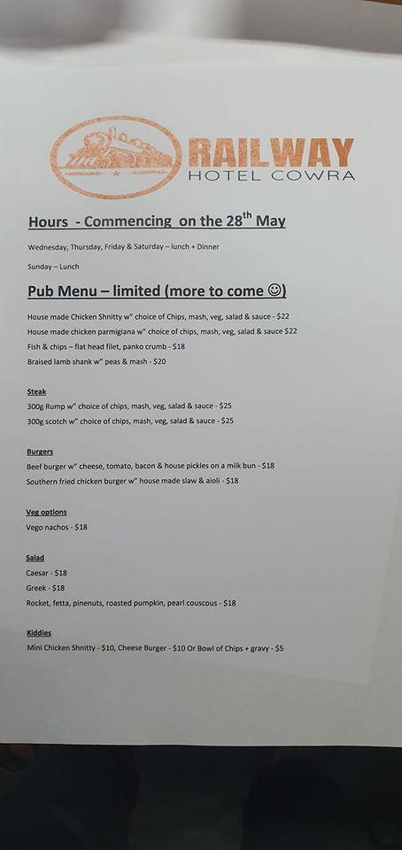 Menu at Railway Hotel Cowra pub & bar, Cowra