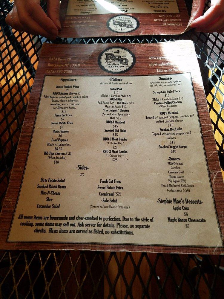 Menu at Ray Brothers BBQ, Bouckville
