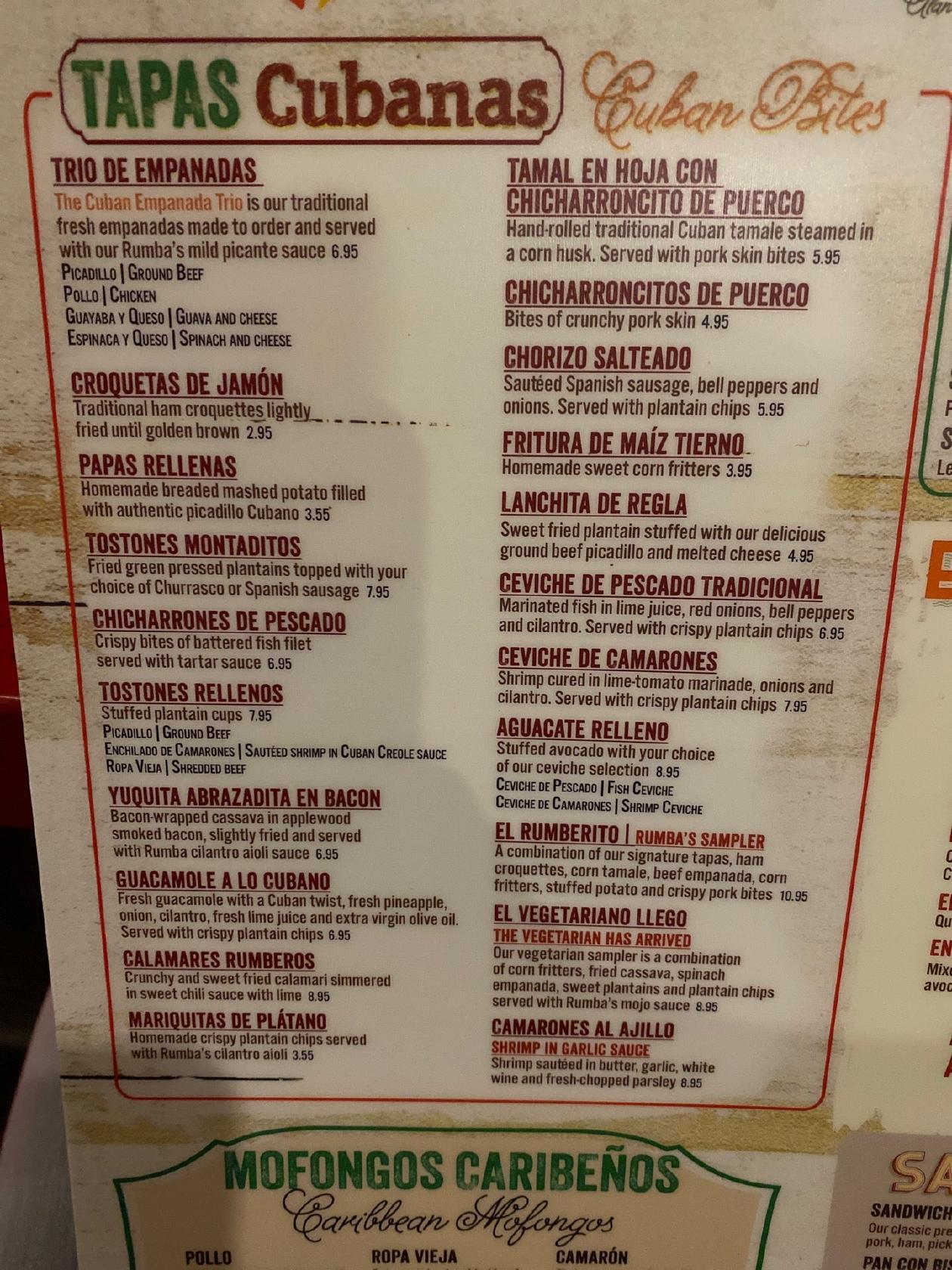 Menu at Rumba Cubana pub & bar, Jersey City