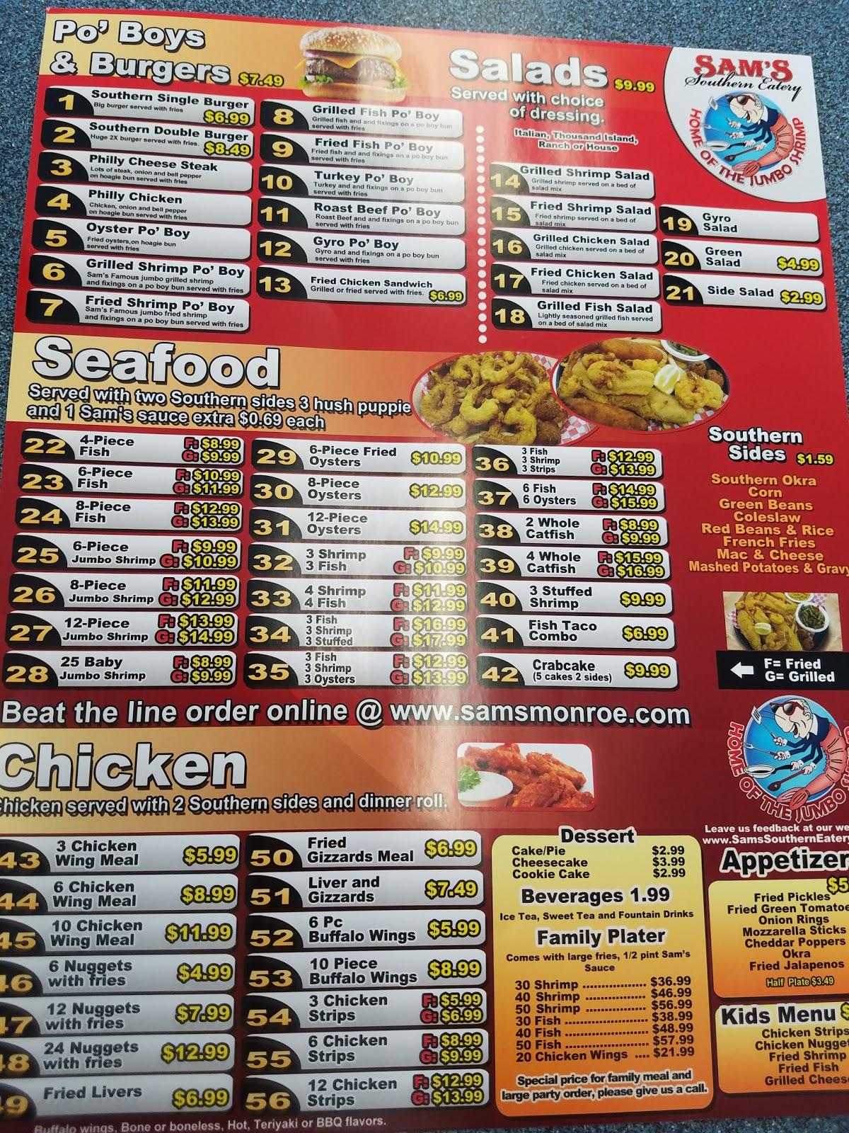 Menu at Sam's Southern Eatery restaurant, Monroe, 300 Layton Ave