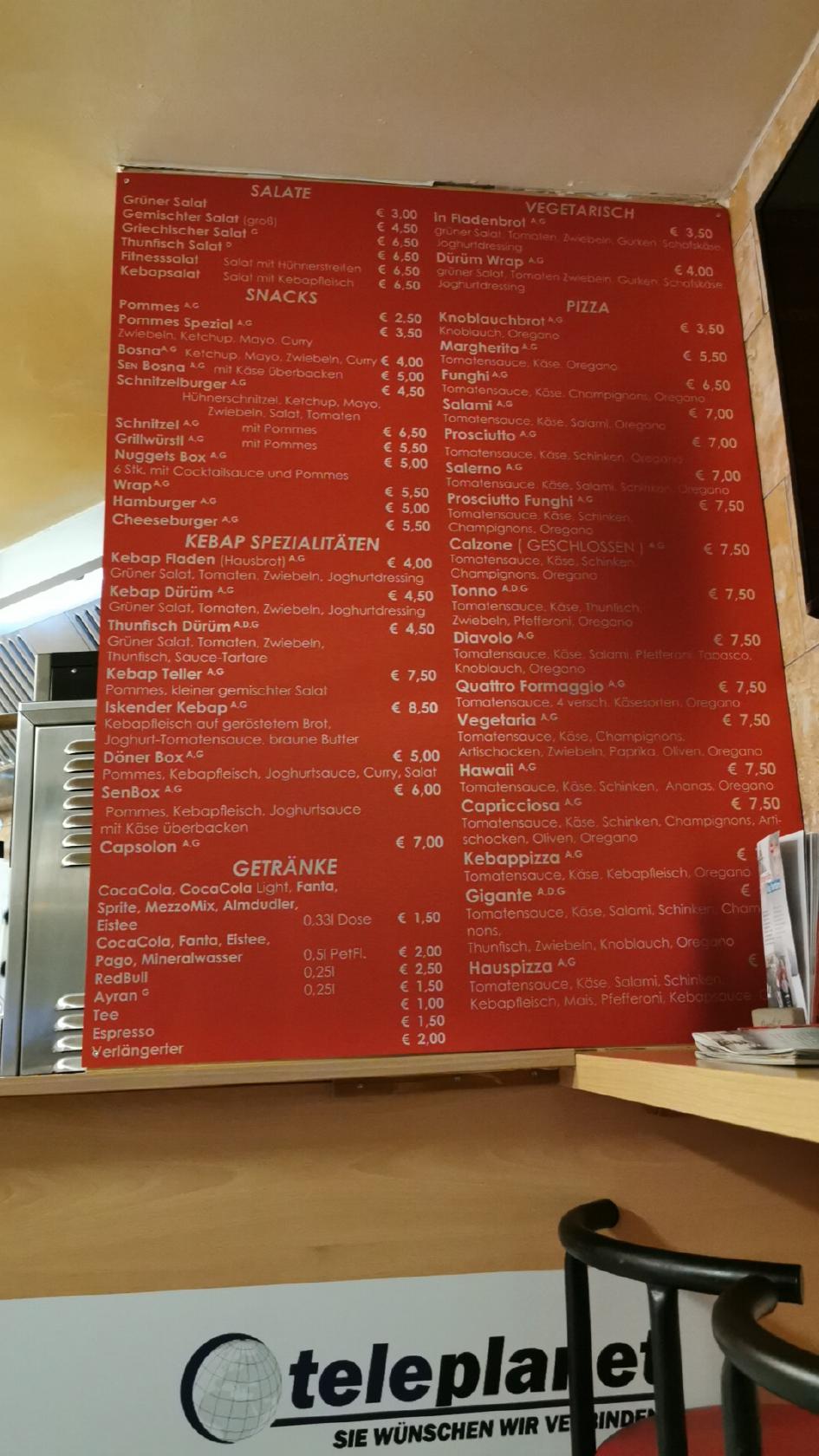 Menu at Sen Imbiss restaurant, Vomp