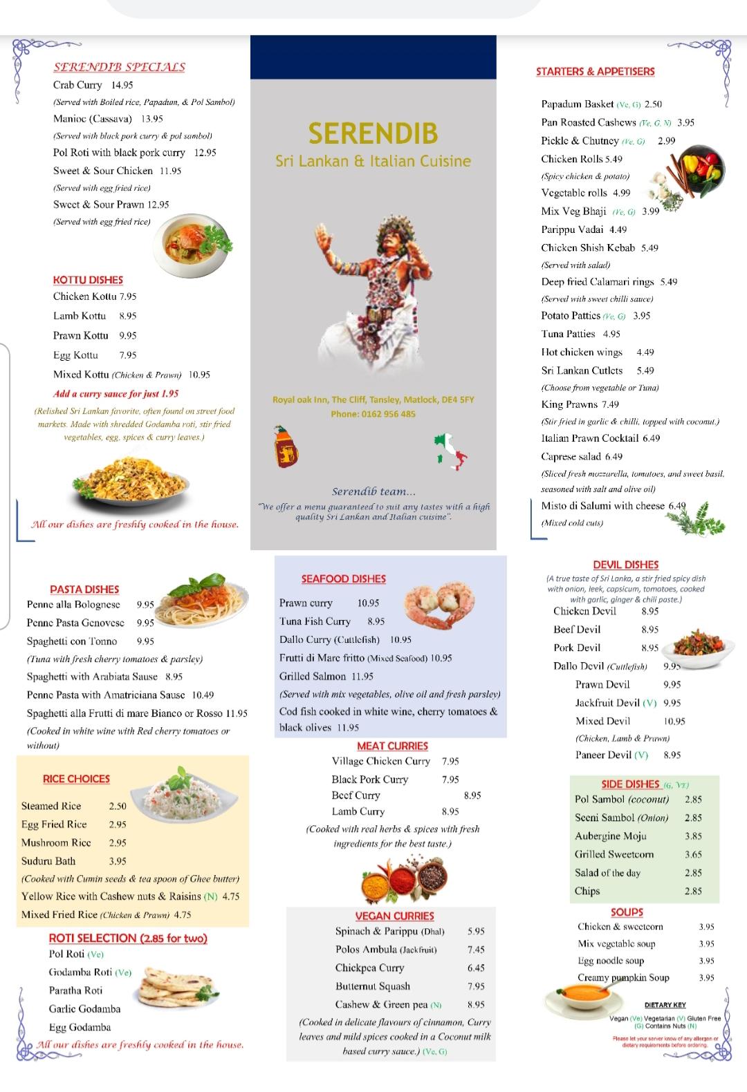 Menu at Serendib Sri Lankan & Italian Cuisine Limited restaurant, Matlock