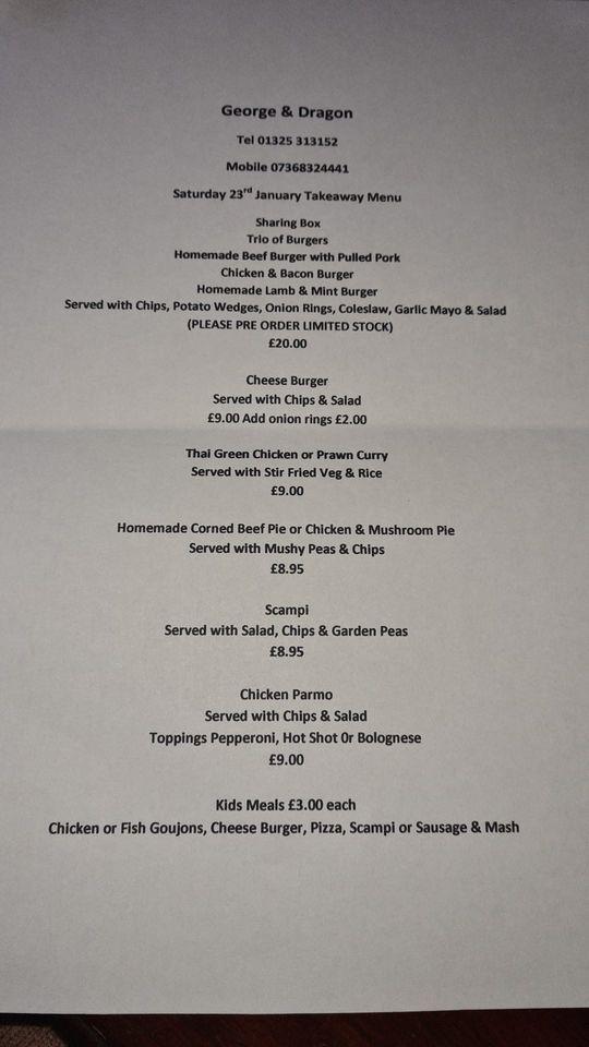 Menu at The George & Dragon pub & bar, Newton Aycliffe