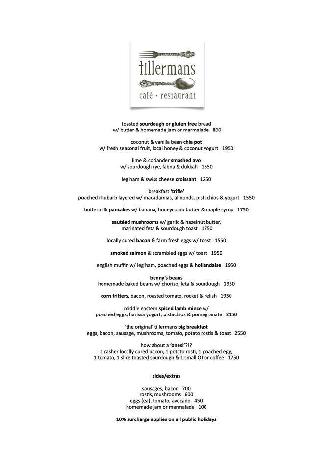 Menu at Tillermans restaurant, Tea Gardens
