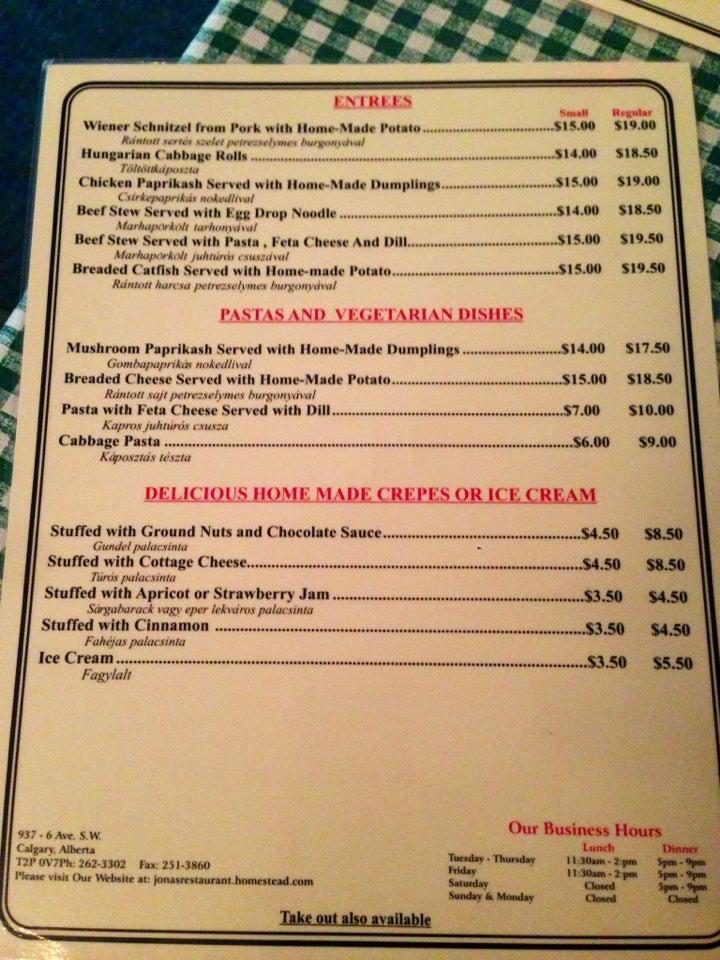 Menu at Jonas Restaurant & Bar, Calgary
