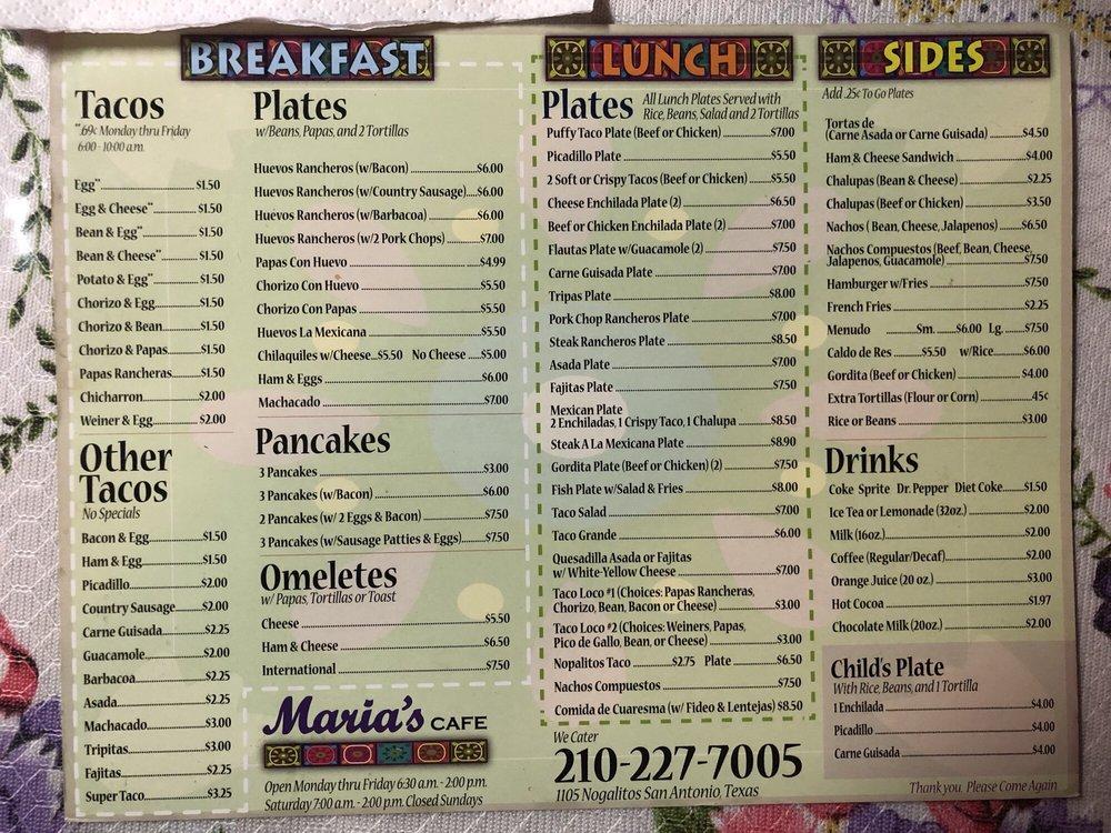 Menu at Maria's Cafe, San Antonio, Nogalitos St