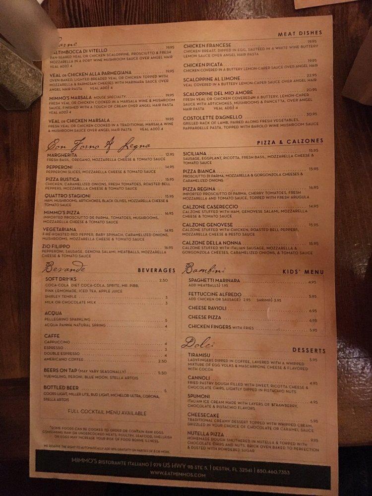 Menu at Mimmo's Ristorante Italiano pub & bar, Destin