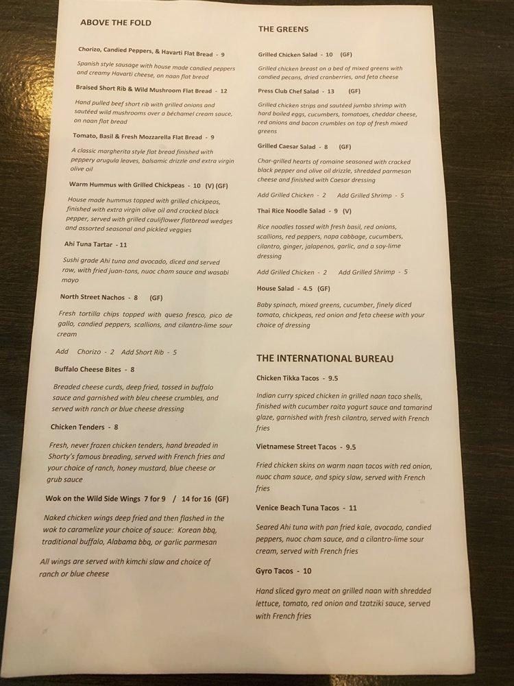 Menu at North Street Press Club, Farmville
