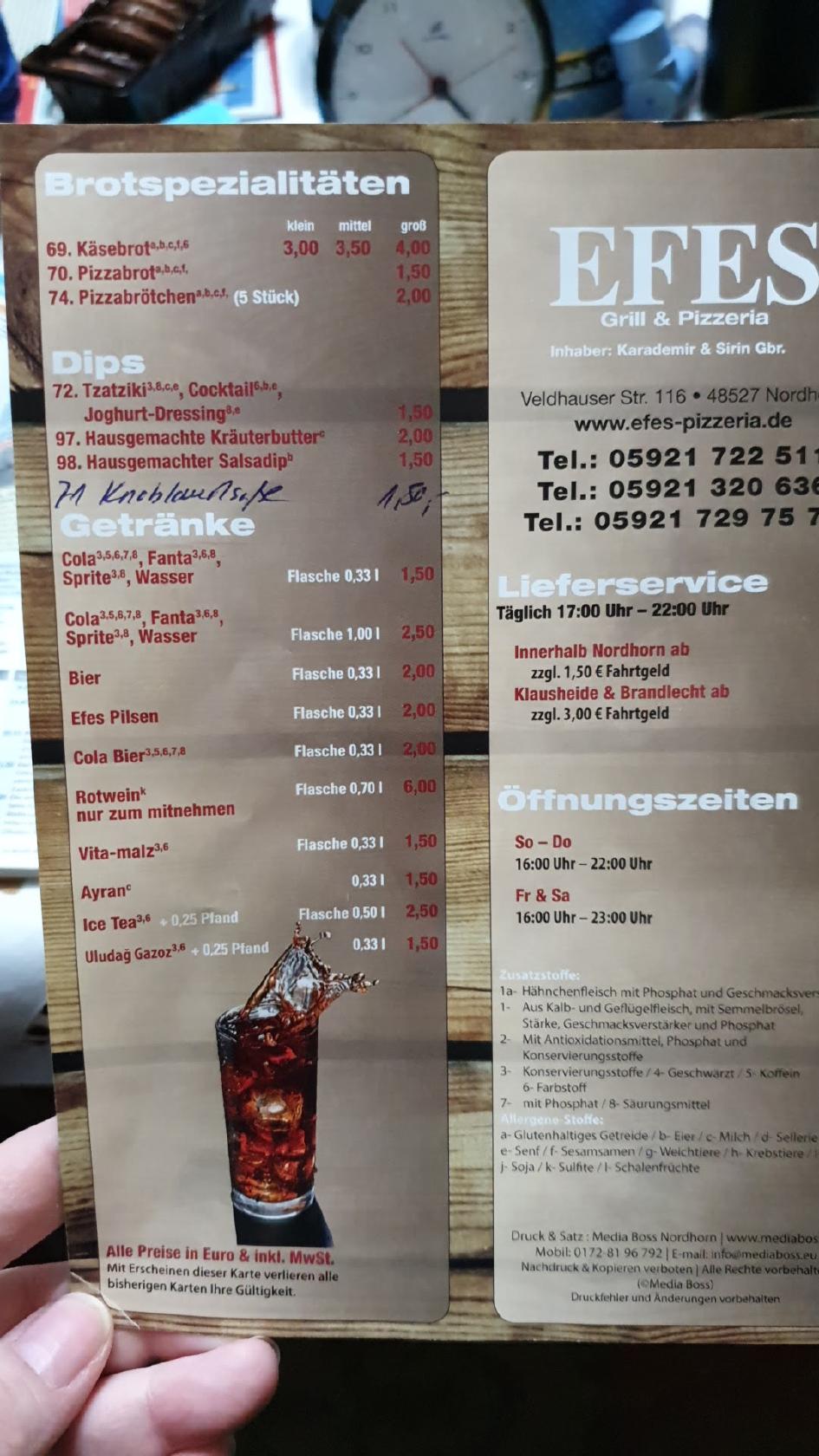 Speisekarte von Pizzeria Efes Grill, Nordhorn