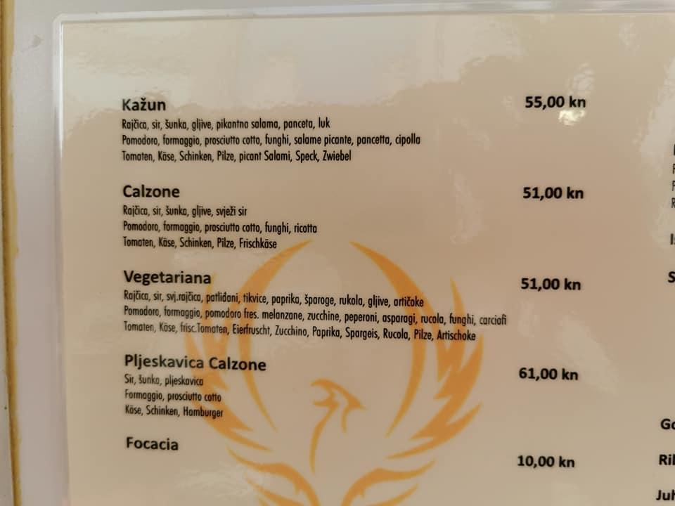 Menu da Pizzeria FENIX, Umago
