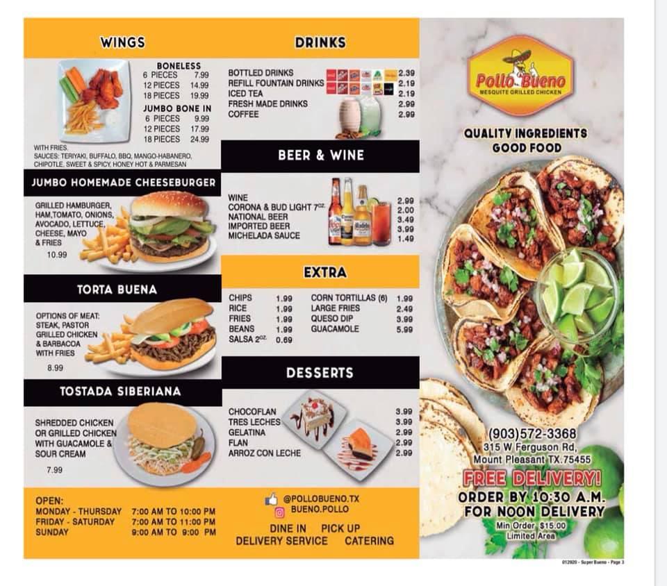 Menu at Pollo Bueno restaurant, Mount Pleasant