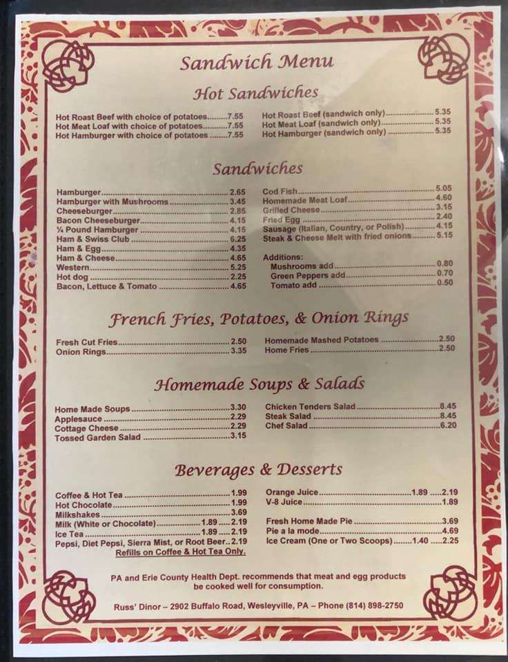 Menu at Russ' Dinor restaurant, Erie