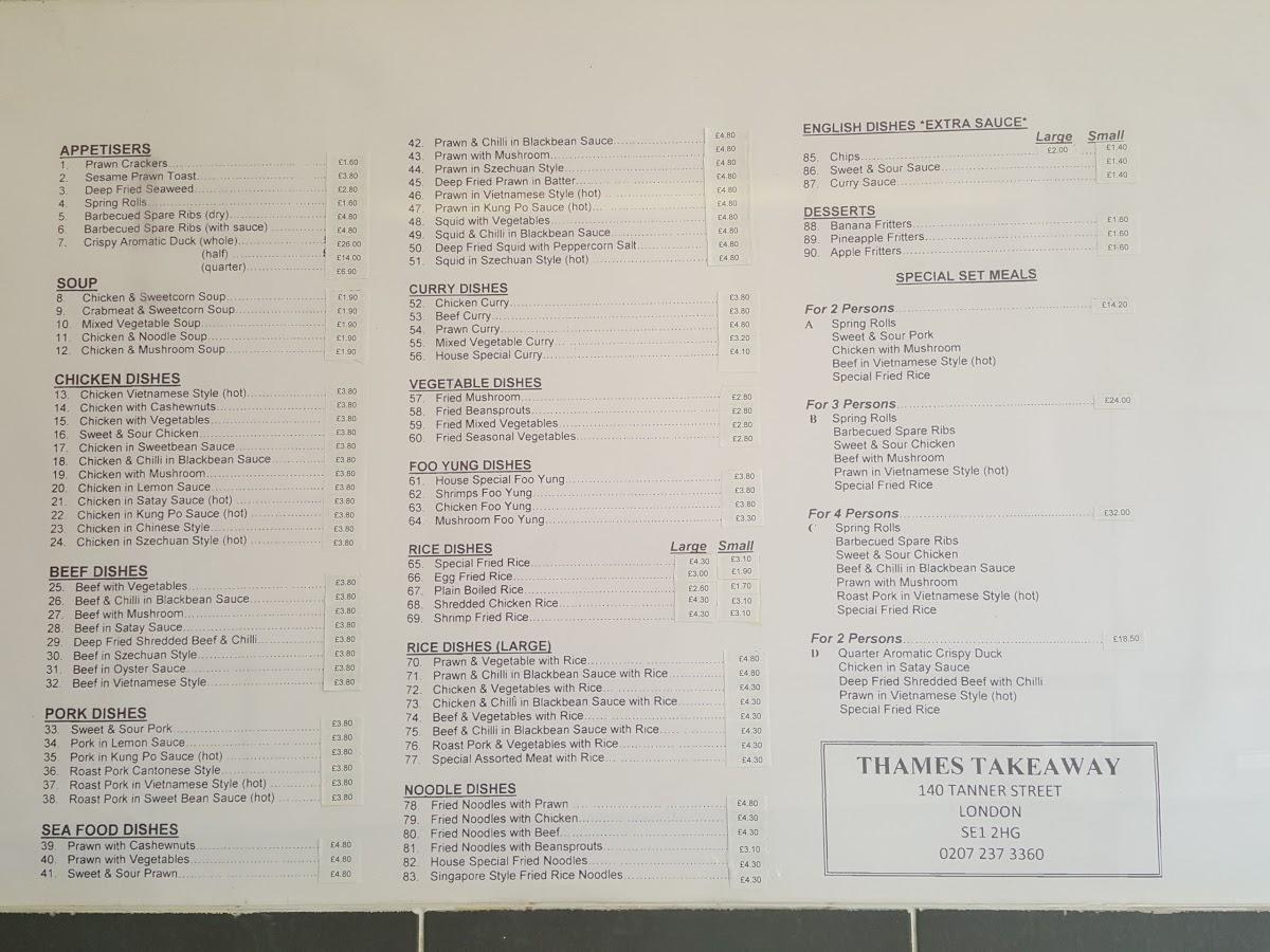 Menu at Thames Take Away restaurant, London