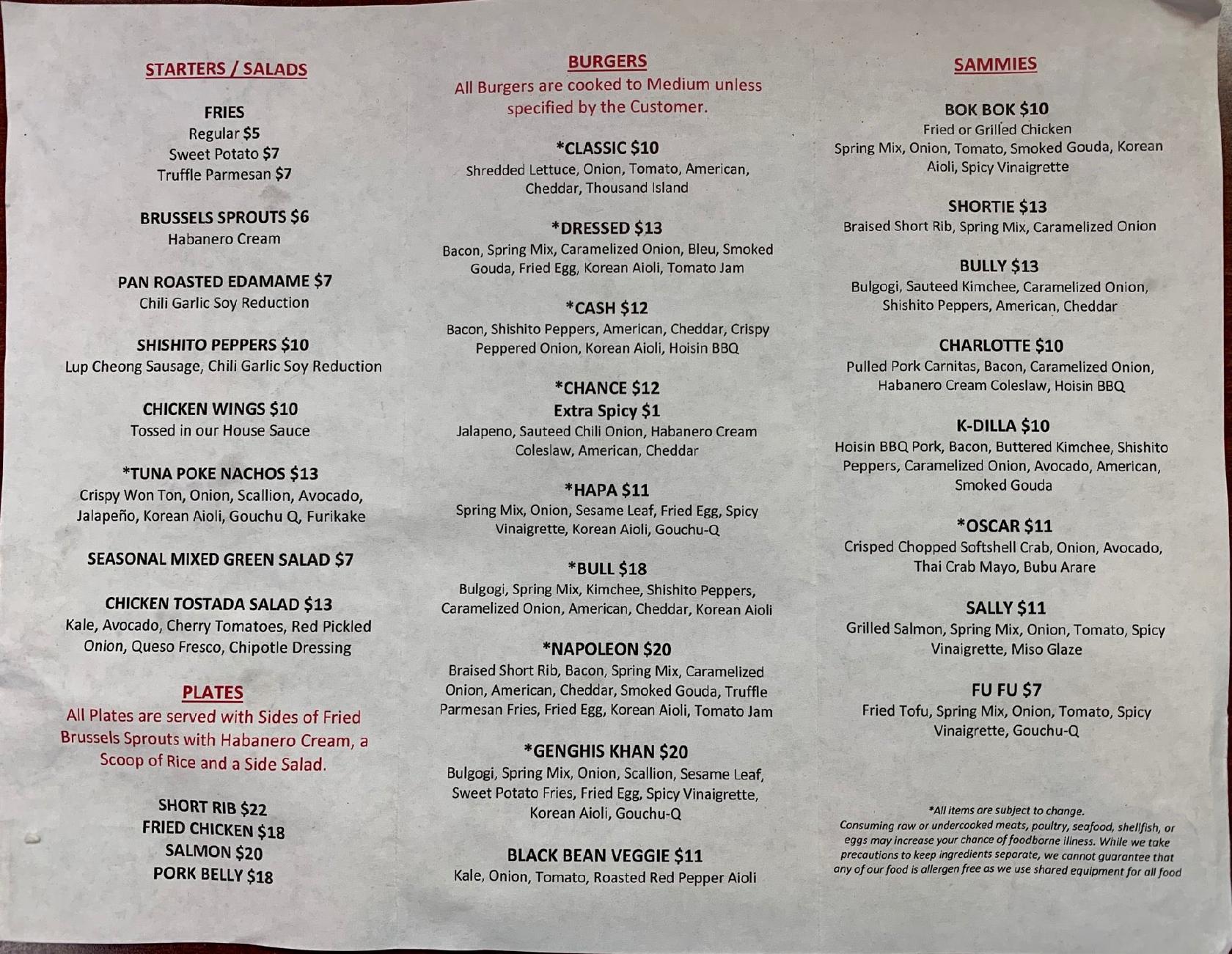 Carta de The Standing Room Restaurant, Torrance