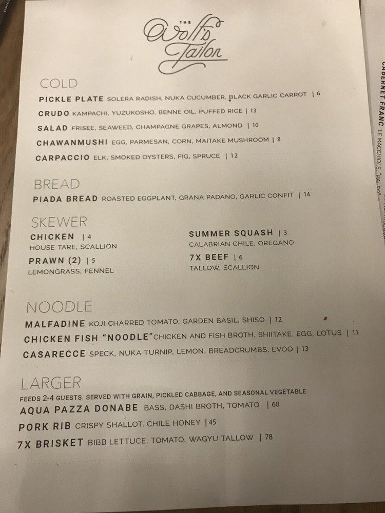 Menu at The Wolf's Tailor restaurant, Denver
