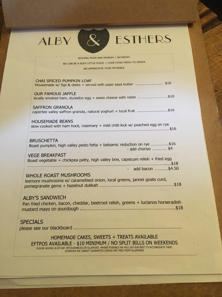 Menu at Alby & Esthers restaurant, Mudgee