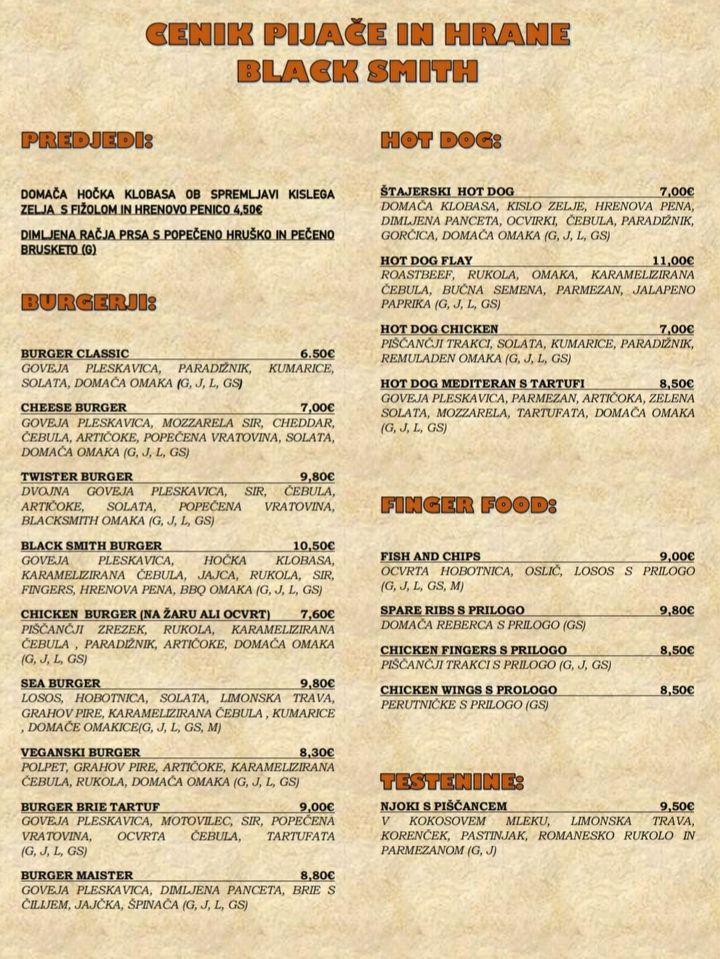 Menu at BLACK SMITH STEAKHOUSE, Spodnje Hoče