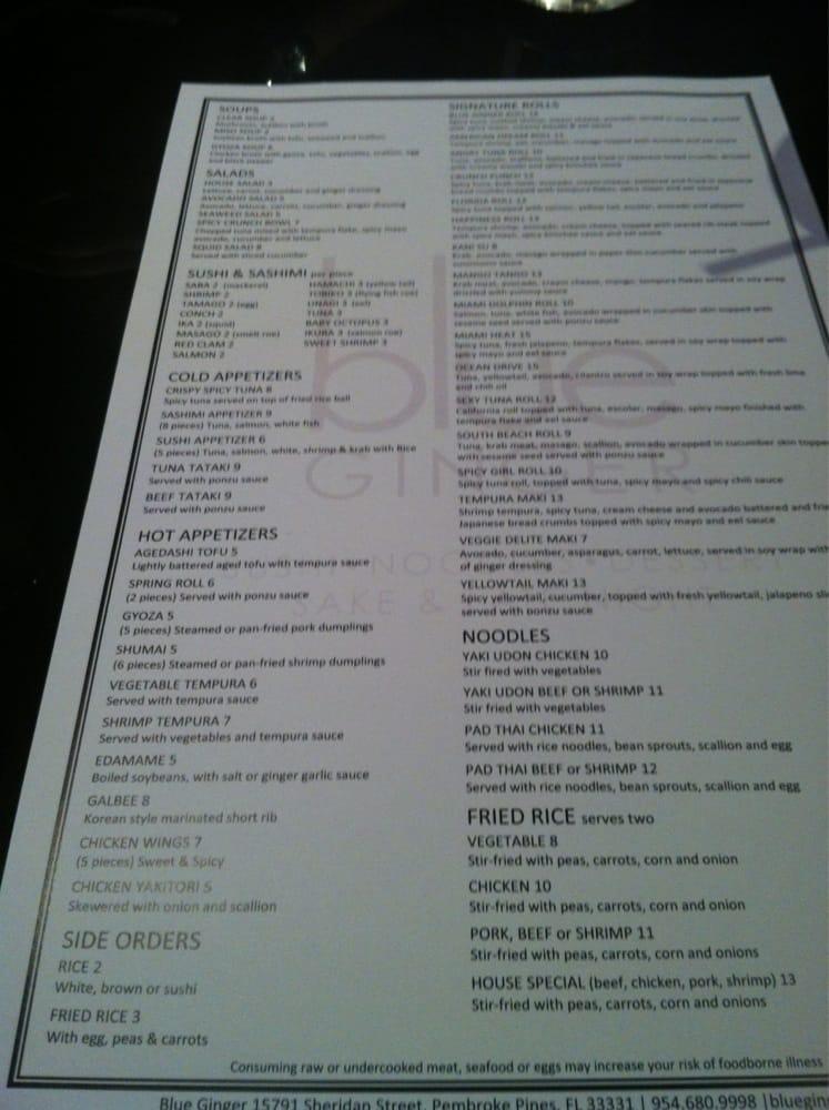 Menu at Blue Ginger restaurant, Pembroke Pines