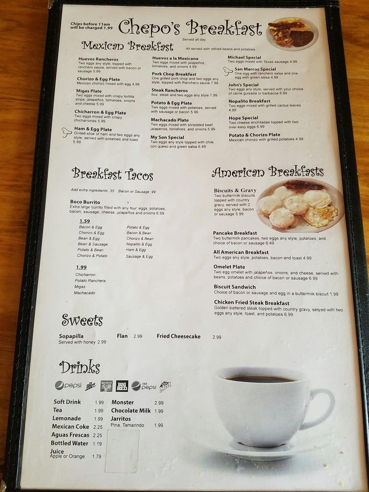 Menu at Chepo's Mexican Restaurant, San Marcos