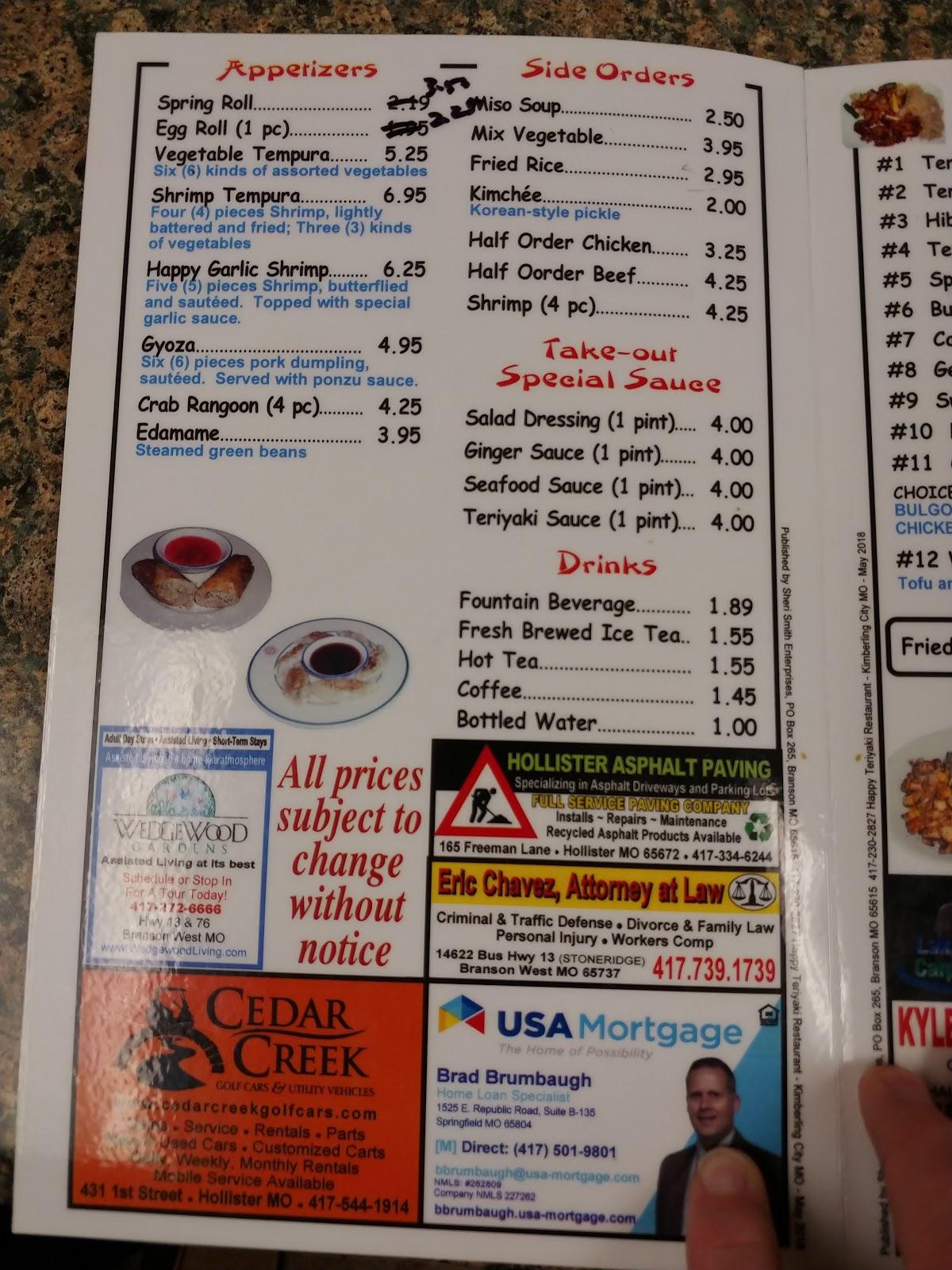 Menu at Happy Teriyaki Restaurant, Kimberling City