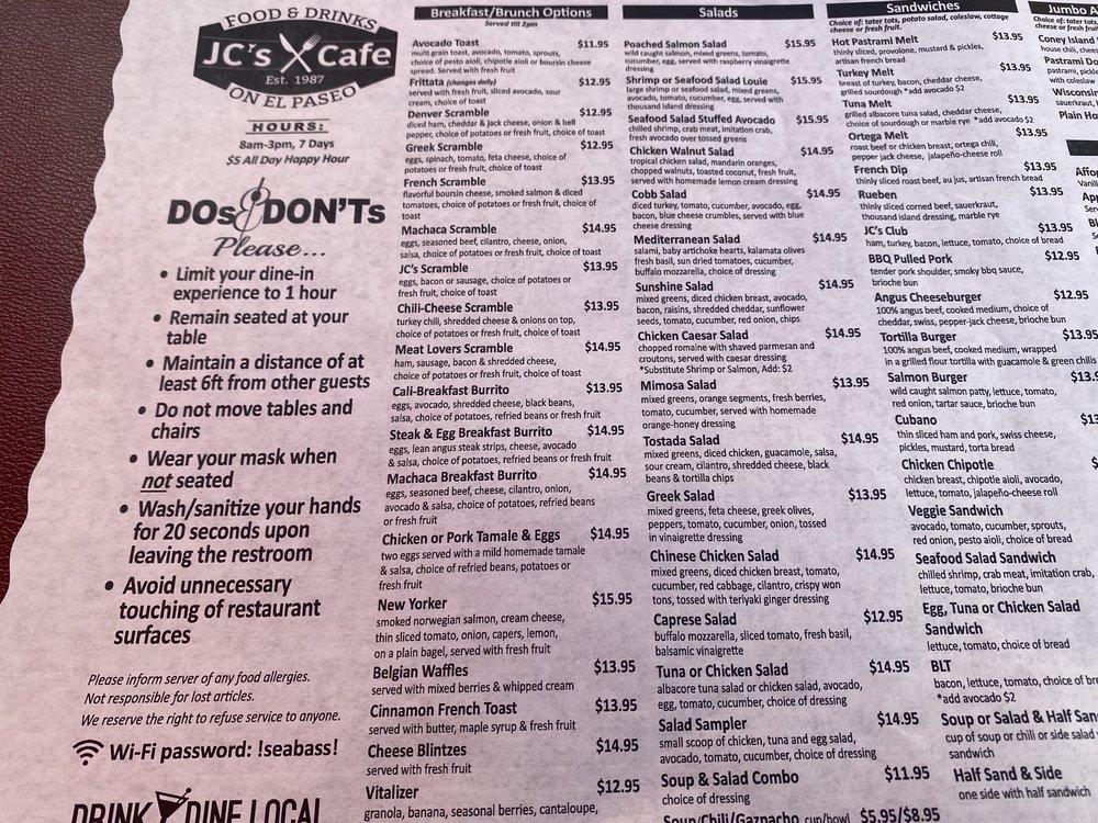Menu at JC’s Cafe, Palm Desert
