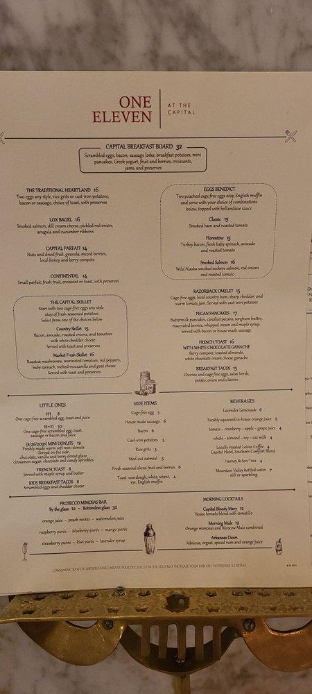 Menu at One Eleven steakhouse, Little Rock
