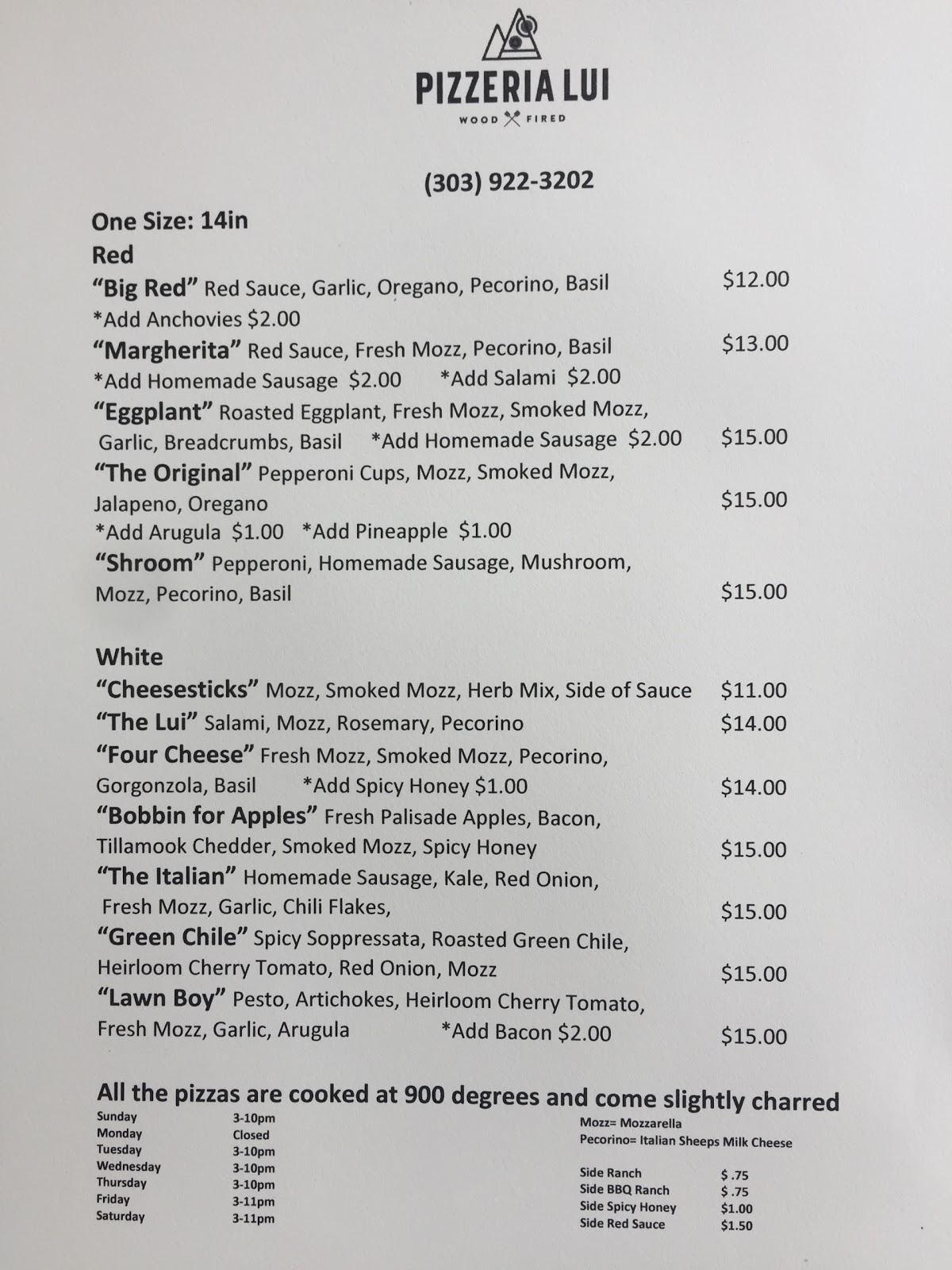 Menu at Pizzeria Lui, Lakewood